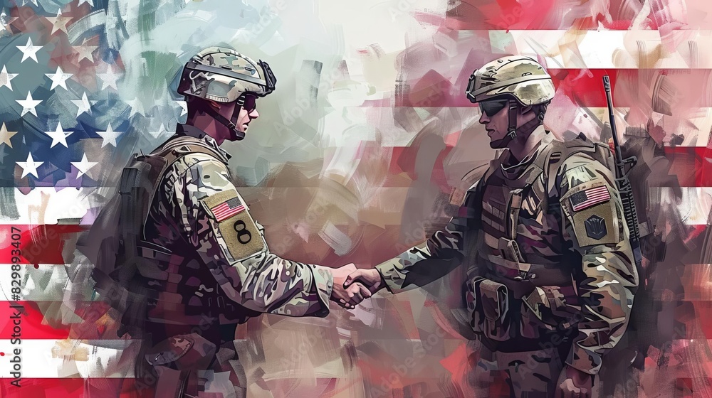 american soldier and civilian shaking hands patriotic scene with usa ...