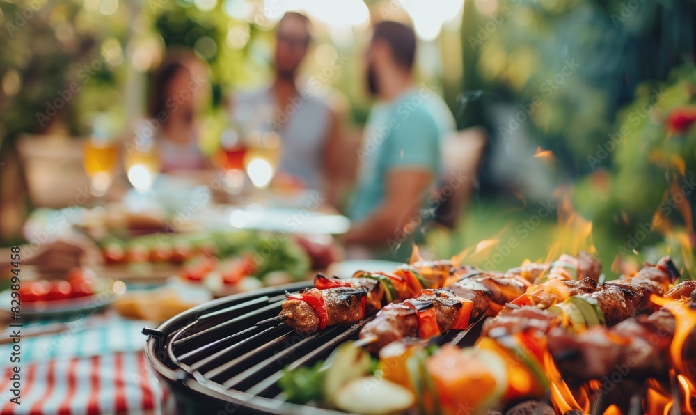 Grill bar-b-q party outdoors with friends on bright sunny day with ...