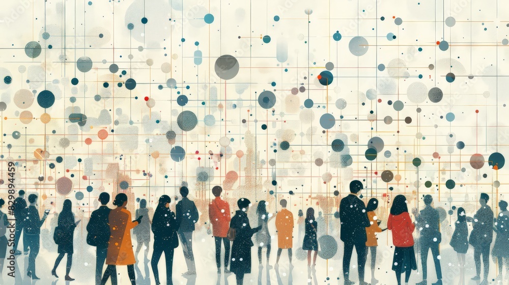 Create a digital illustration of people connecting through technology ...