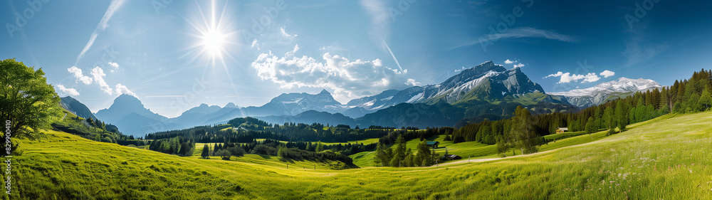 Bergpanorma, berge in den Alpen im Sommer im Sonnenschein, Frische ...