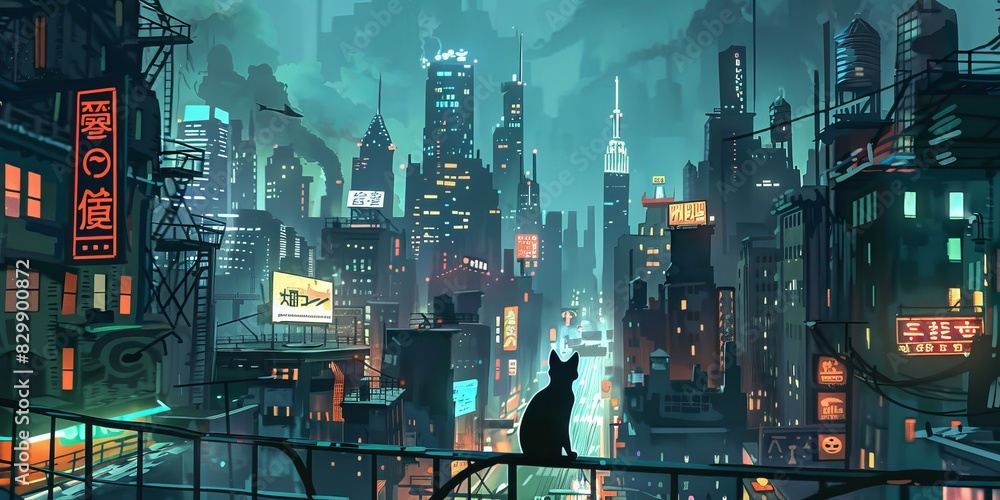 A cat is sitting on a railing in a cyberpunk city. The city is full of ...