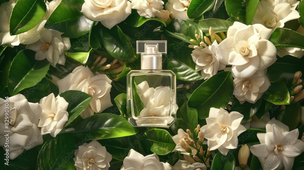 elegant white perfume bottle surrounded by gardenia flowers luxurious ...
