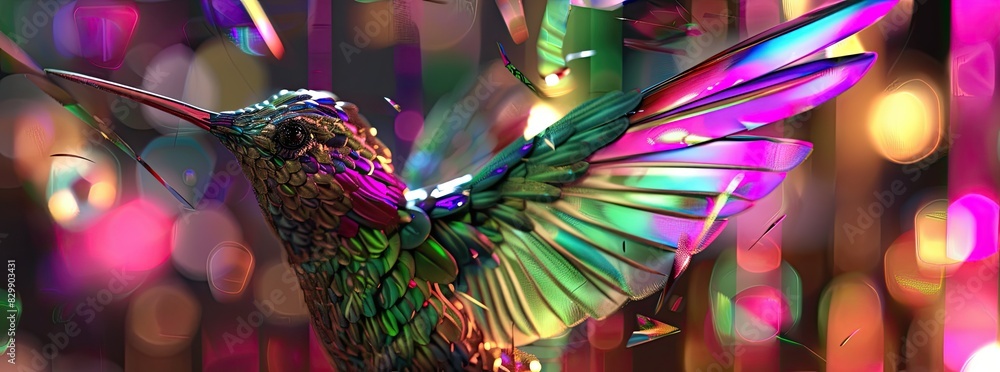 Capture the dance of a metallic hummingbird, its wings reflecting neon ...