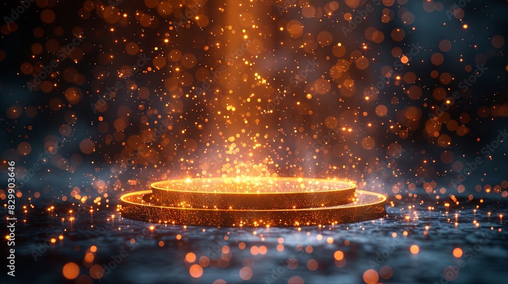 A digital illustration of a glowing golden circle emitting sparkling ...