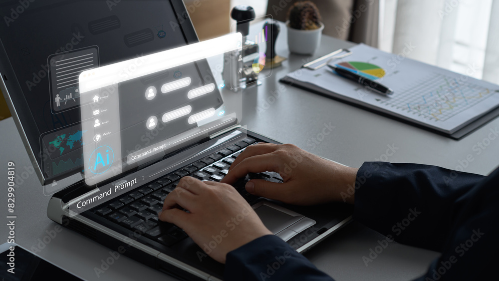 Using the computer, the businessman showcases the integration of AI in ...