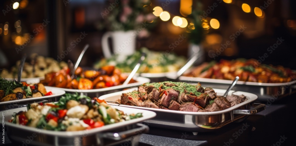 Grilled meat and vegetables, Food on a buffet table at the hotel, Group ...