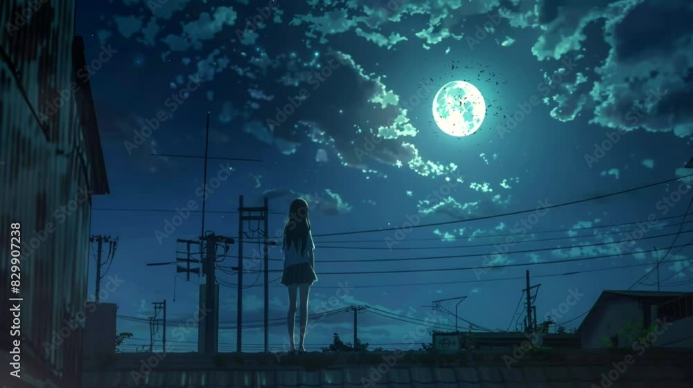 Bathed in moonlight, an anime character gazes into the night from a ...