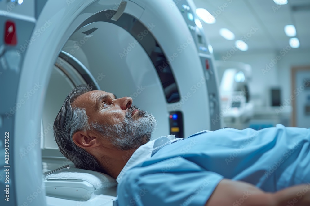 An elderly man lies in a CT scanner for an examination. The patient is ...