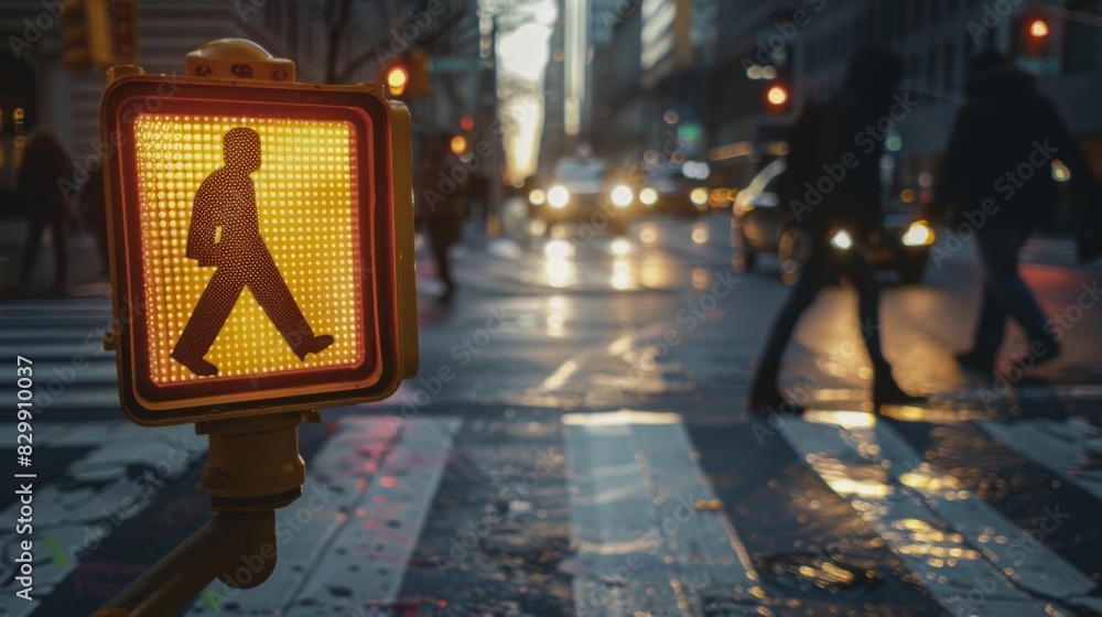 An intersection with a pedestrian crossing light showing the walk ...