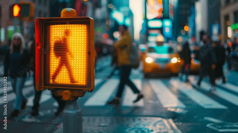 An intersection with a pedestrian crossing light showing the walk ...