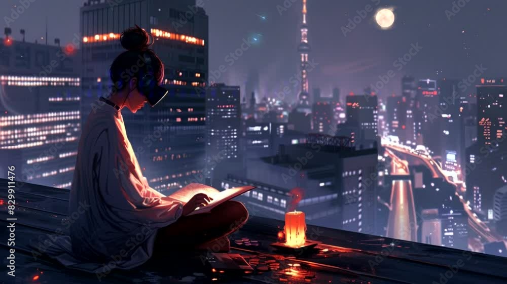 On a quiet rooftop overlooking the city, an anime character sat cross ...
