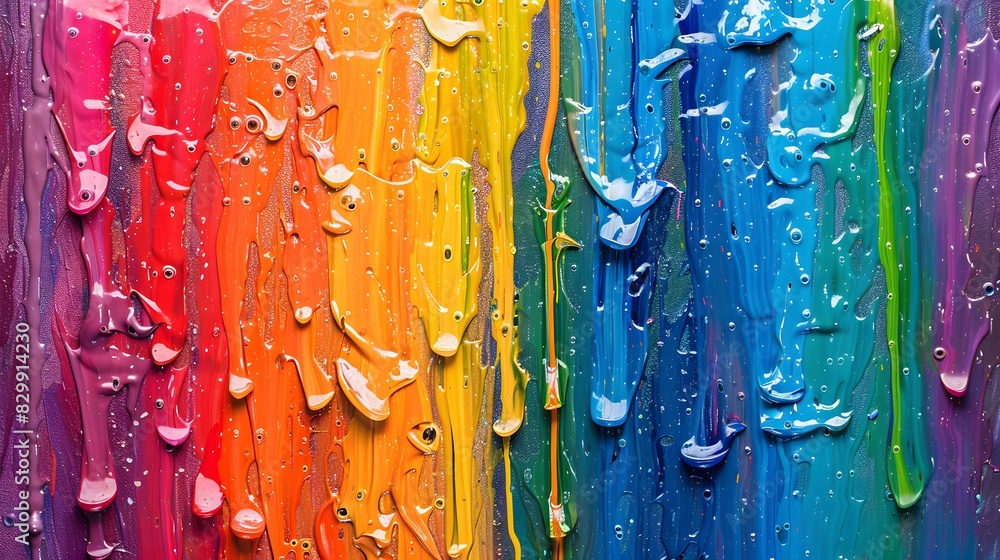 Rainbow-colored paint dripping down the wall, creating an abstract ...