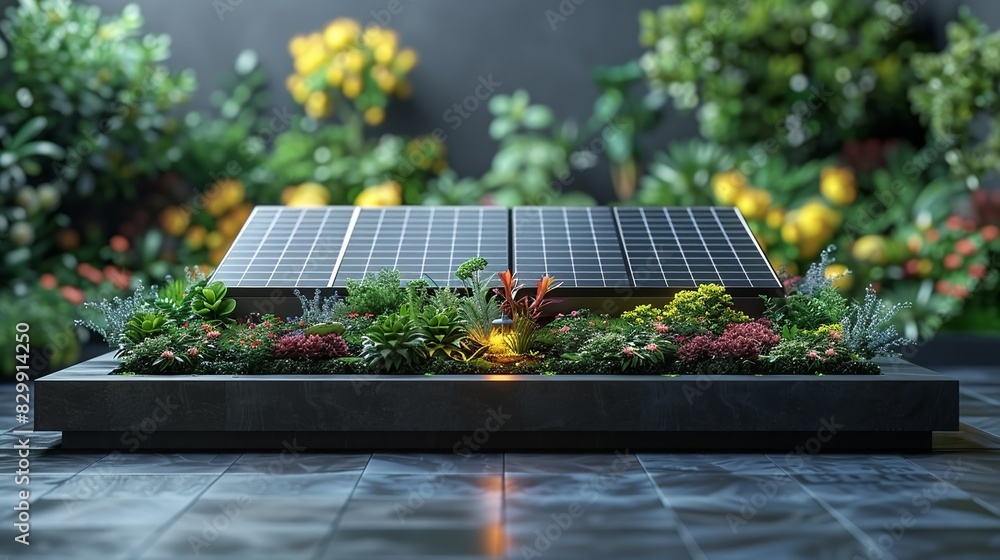 A podium with solar panels incorporated, on a stage with a backdrop of ...