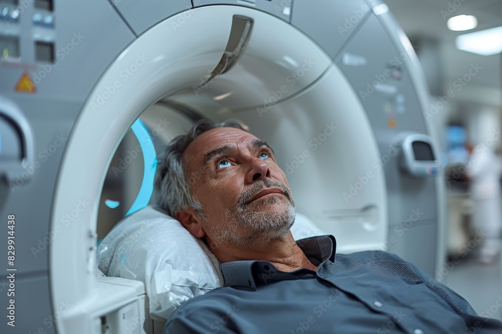An elderly man lies in a CT scanner for an examination. The patient is ...