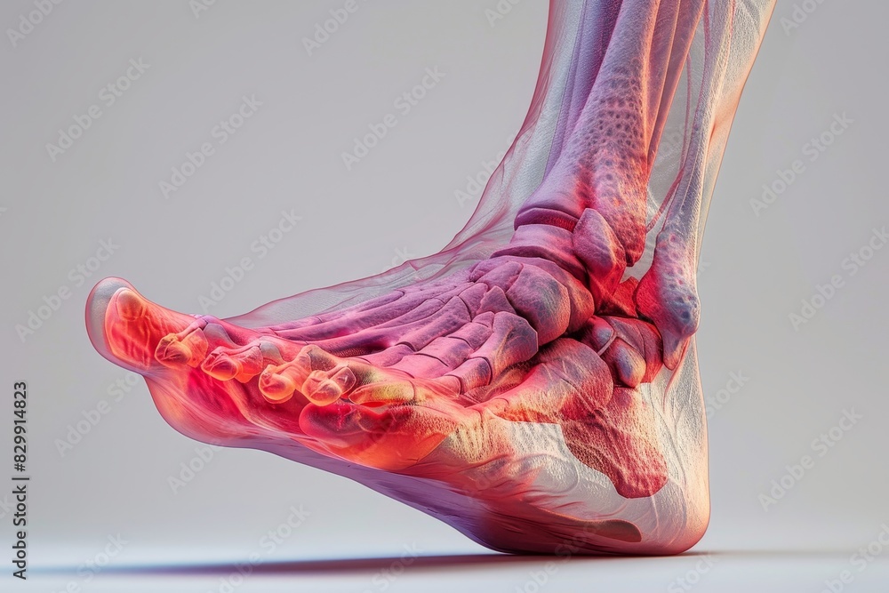 Hyperrealistic medical illustration of a swollen foot showing visible ...
