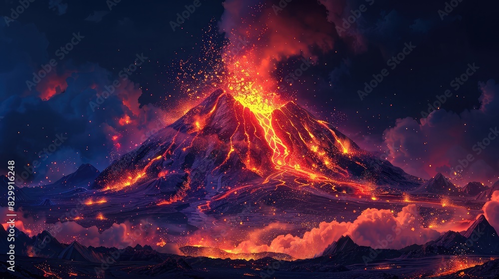 [flat 2d vector illustration of the volcano, fiery style, made of lava ...