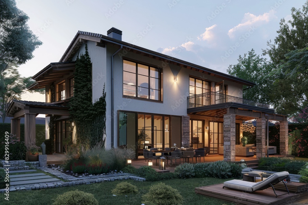 Modern Villa with Floor-to-Ceiling Windows and Expansive Terrace Stock ...