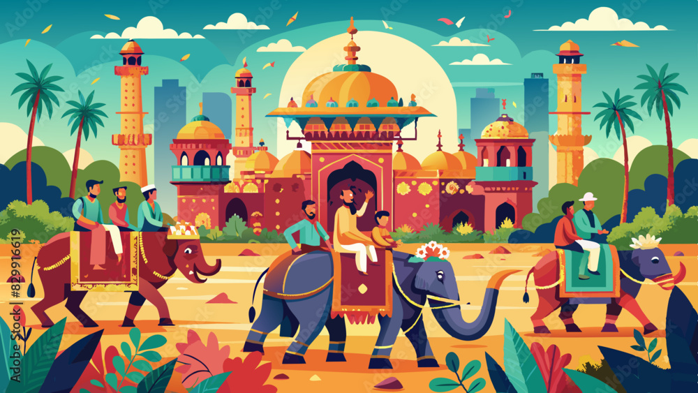 Mughal Royal Procession Vector : Elephants, Camels, and Carriages in a ...
