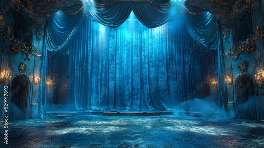 Luxurious blue theater stage with dramatic curtains and lighting Stock ...