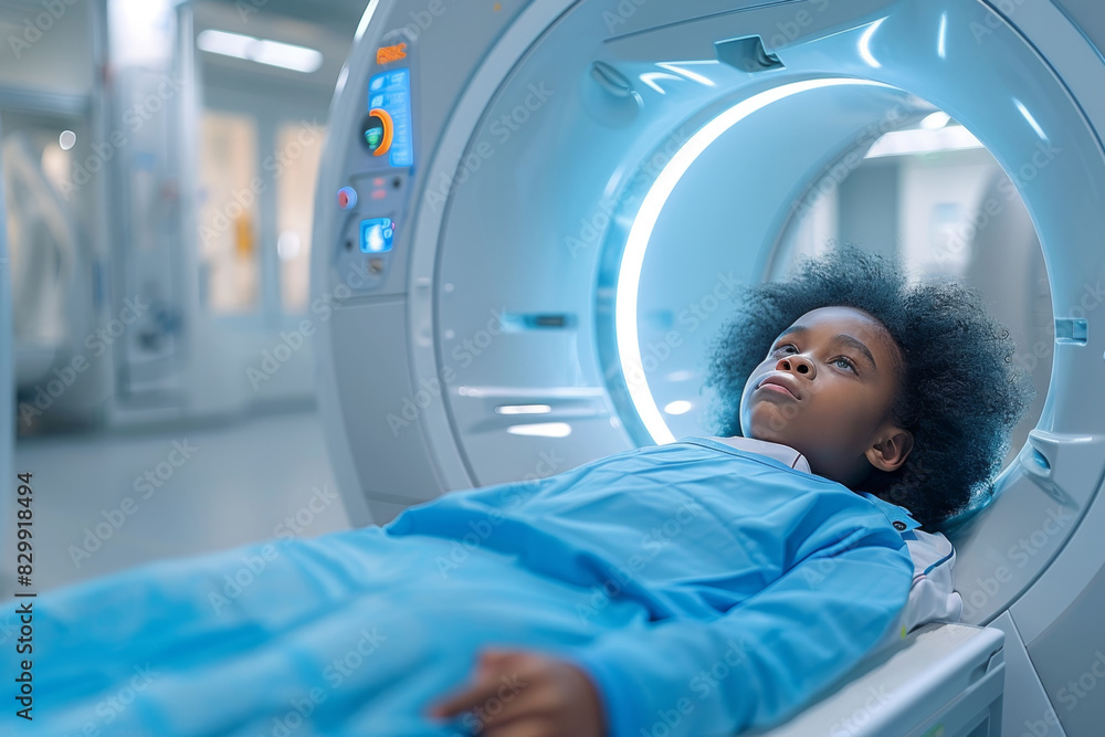 A child lies in a CT scanner for an examination. Patient lying on the ...