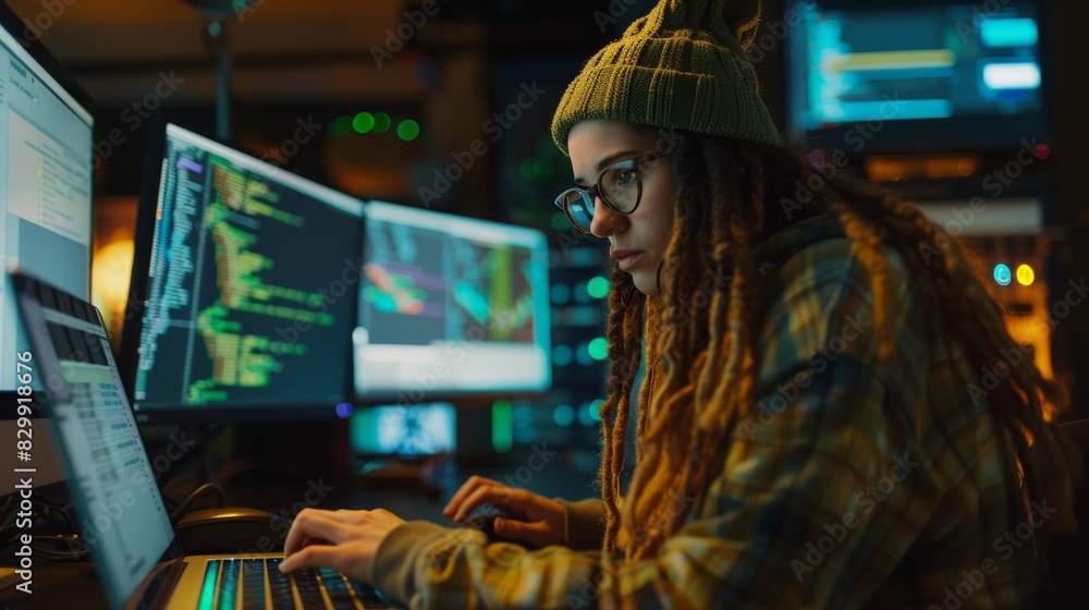 Home hacker, woman, and laptop typing software, data programming, or cybersecurity. Nighttime ...