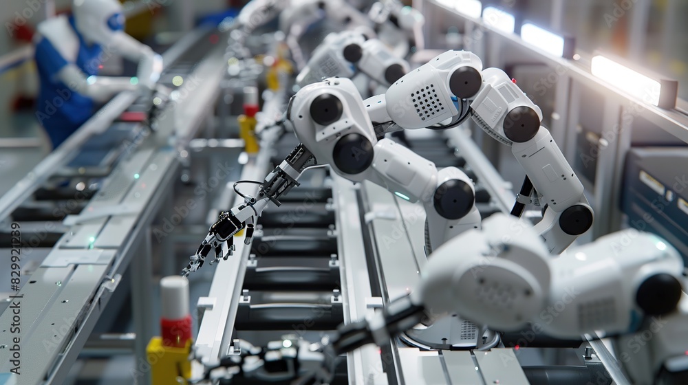 Factory workers interacting with robotic arms on an assembly line ...