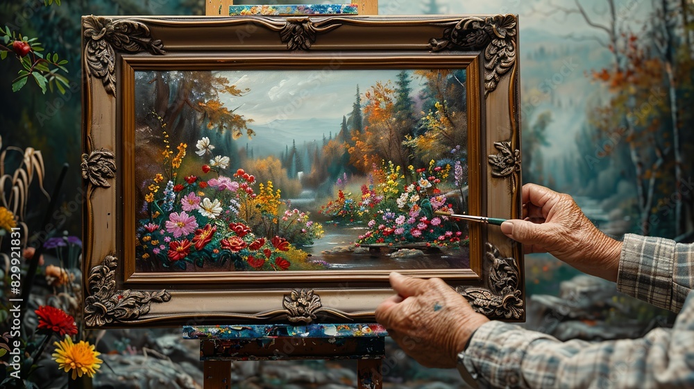 An artist's hands framing a finished painting, carefully placing it ...