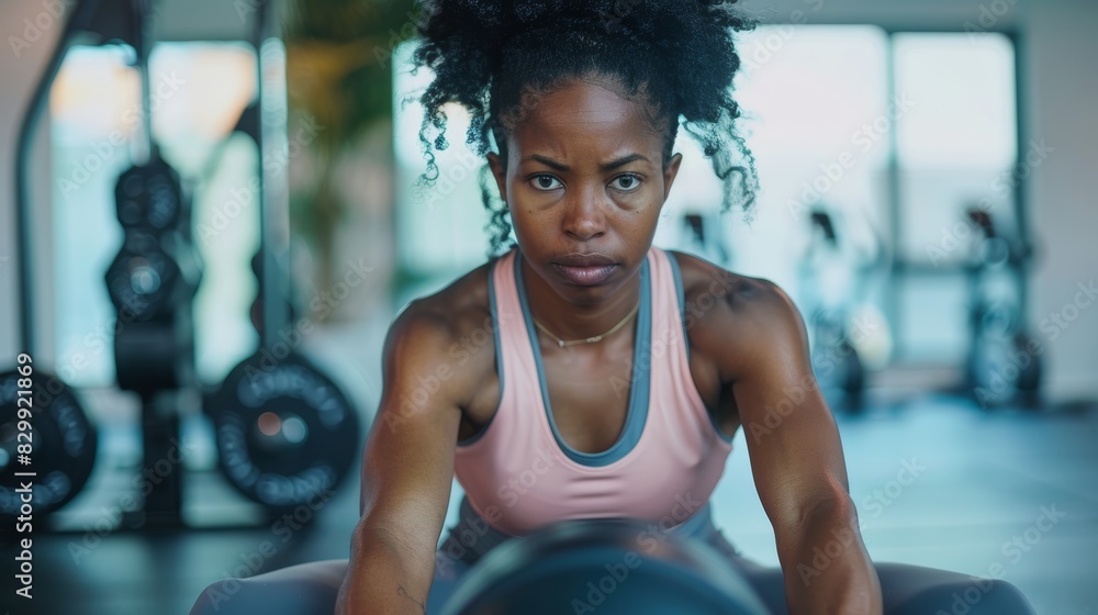 Fitness, breathing, kettlebell, body builder, black woman, gym ...