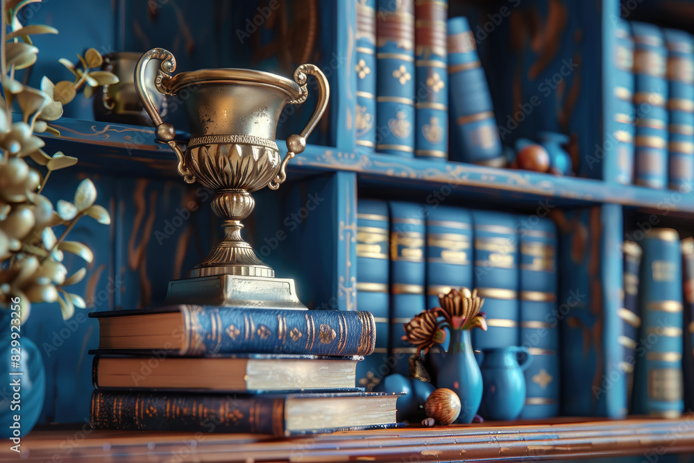 Academic ceremony featuring a gold trophy, books, and diploma ...