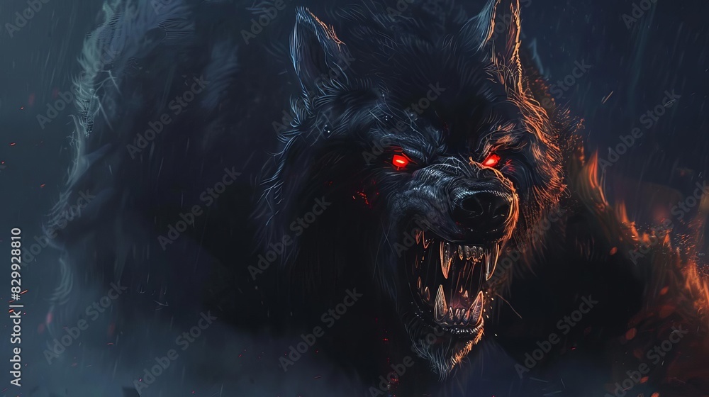 menacing black werewolf with glowing red eyes and sharp fangs folkloric ...