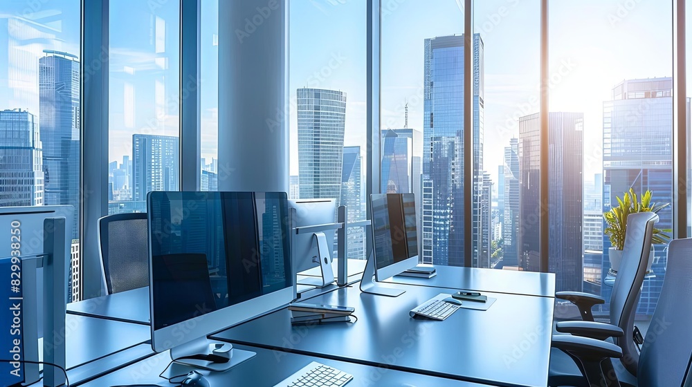 modern office interior with multiple pc monitors on desks panoramic ...