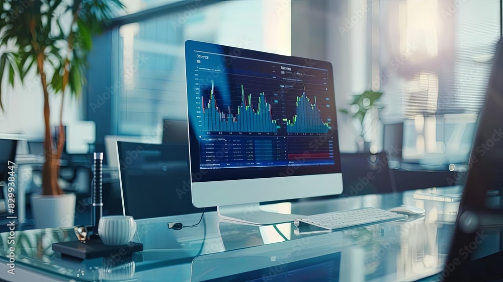 modern office with desktop computer showing finance statistical data on ...
