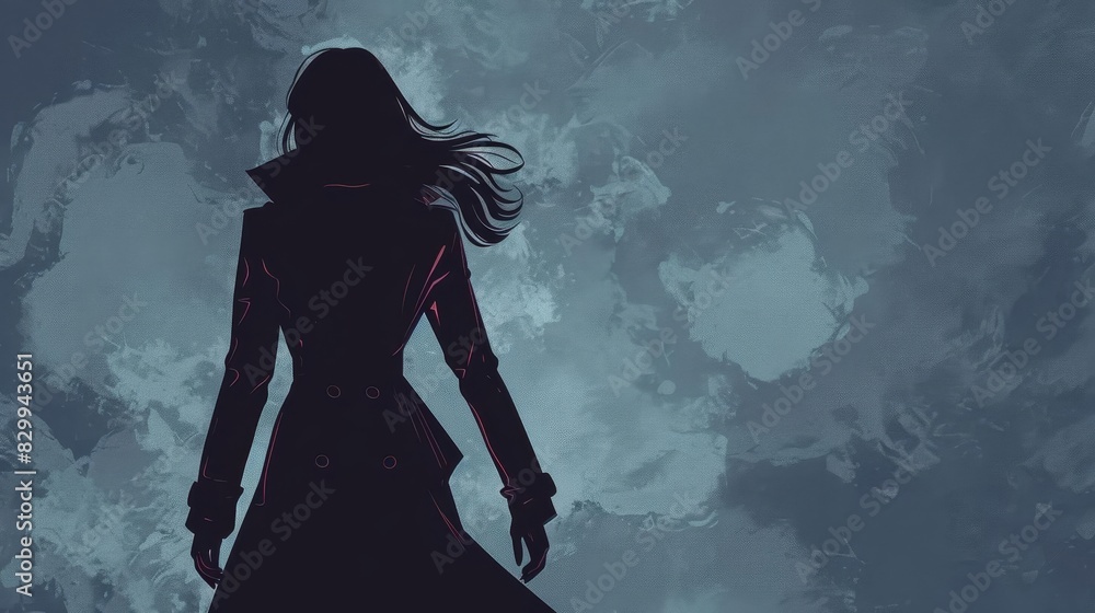 mysterious woman in black leather trench coat walking away illustration ...
