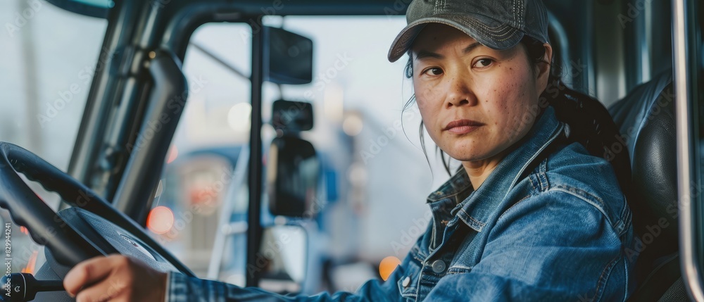 An Asian female truck driver, clad in a denim jacket and cap, With a ...