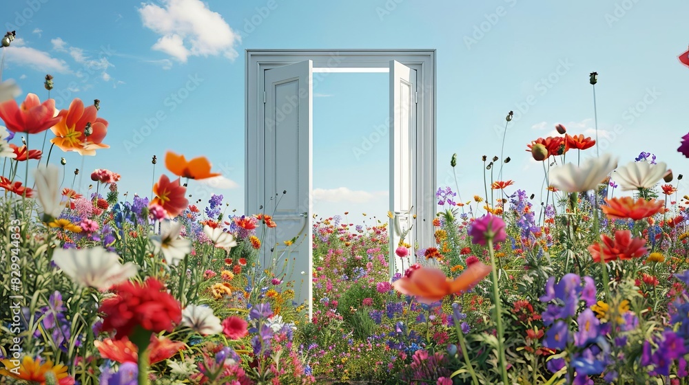 new beginnings white doors standing open in a lush field of vibrant ...