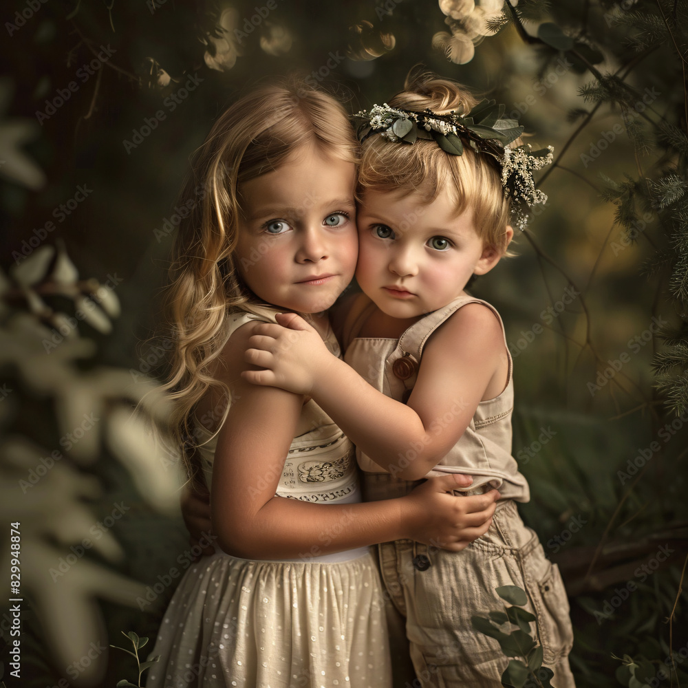 Brothers and sisters sitting and hugging each other create a ...