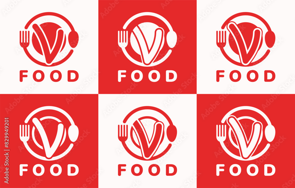 Set of letter V food plate logo. This logo combines letters and cutlery ...