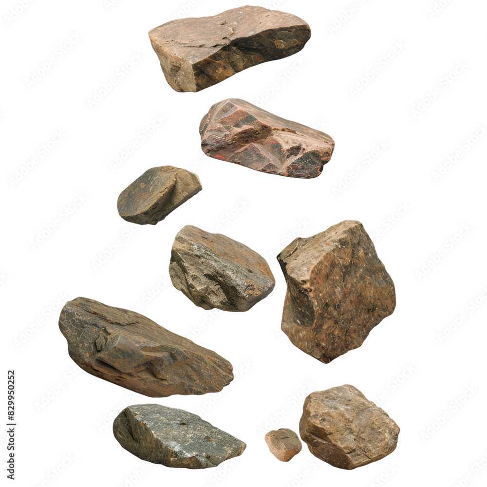 A group of rocks isolated on a white background, falling mid-air, in a ...