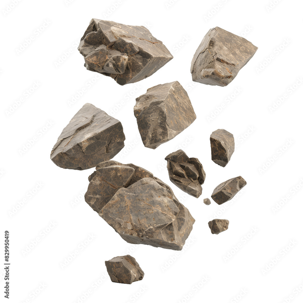 A group of rocks isolated on a white background, falling mid-air, in a ...