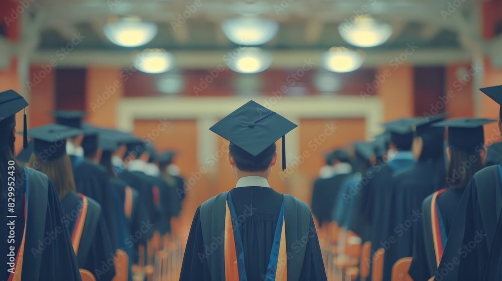 Graduation ceremony with students in caps and gowns, ready to receive ...