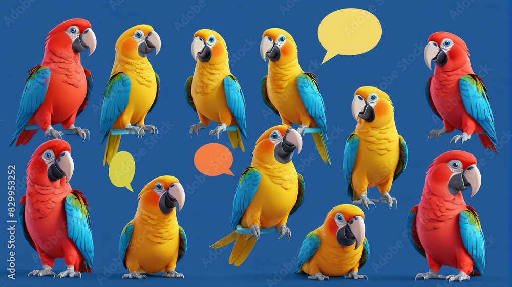 Comic parrot birds set isolated on a blue background. Vector cartoon ...
