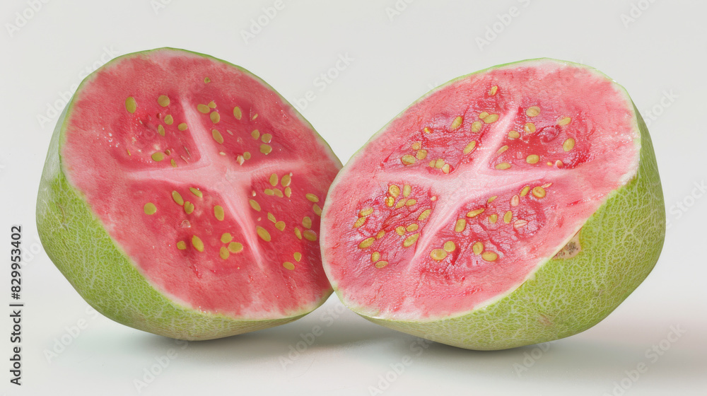 Eye-level angle view of a sliced guava revealing its pink, juicy ...