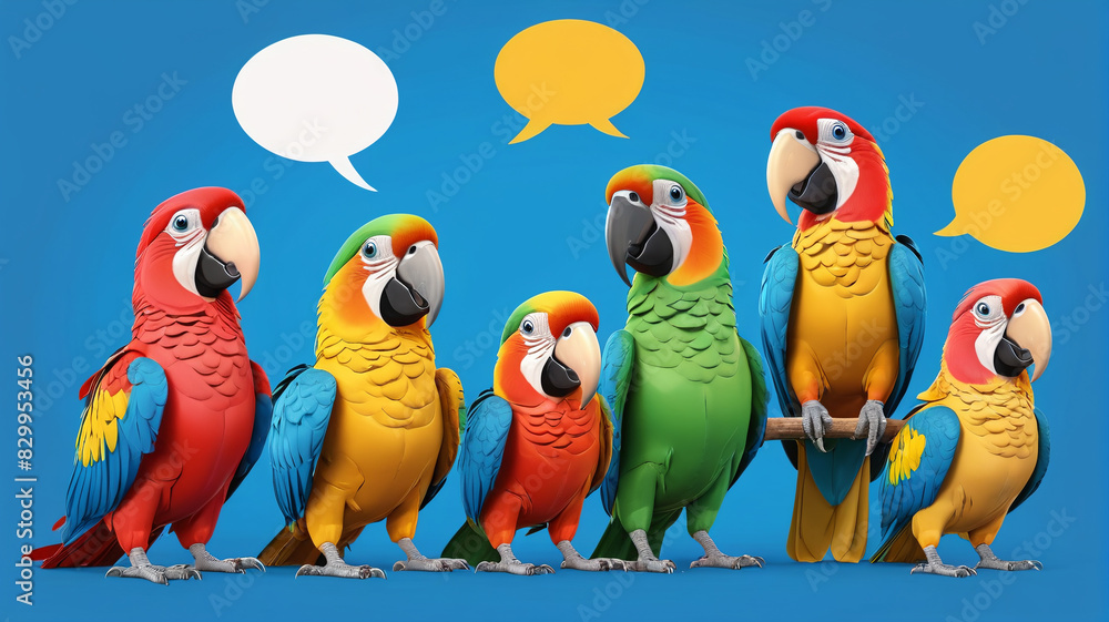 Comic parrot birds set isolated on a blue background. Vector cartoon ...