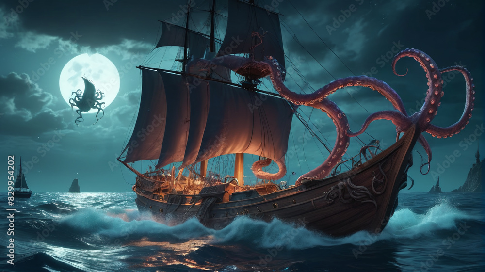 Sail boat in the sea with fantasy kraken tentacles at night. A ...