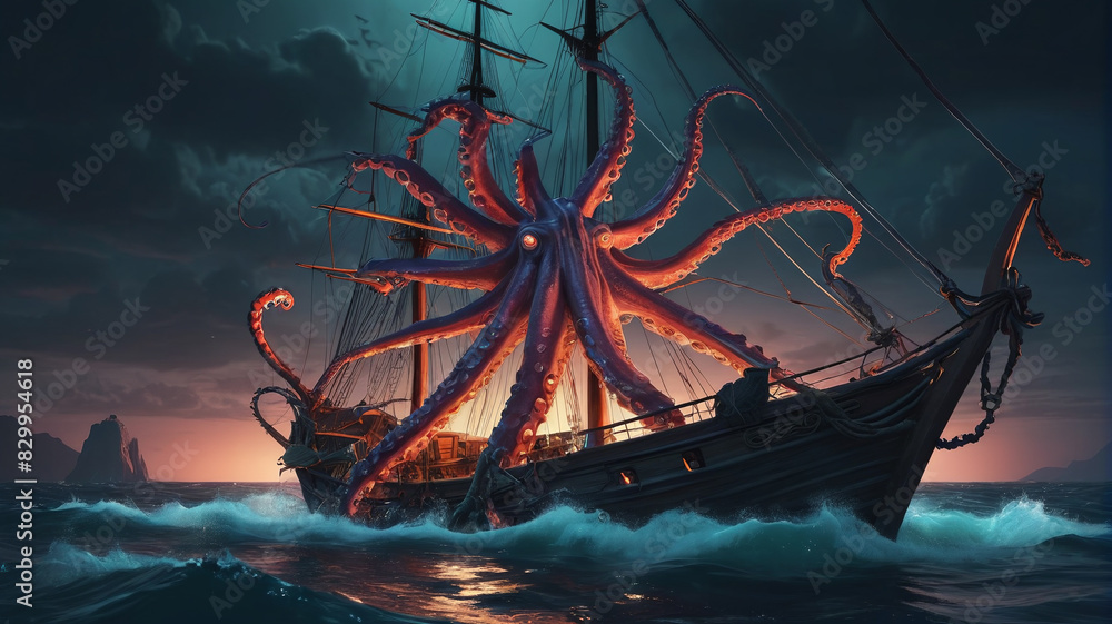 Sail boat in the sea with fantasy kraken tentacles at night. A ...