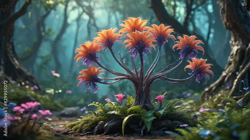 Fantasy alien flower portrayed as a magic forest plant game set. This ...