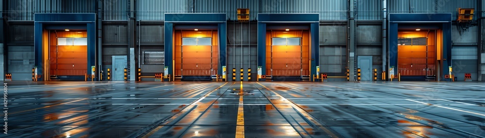 Modern warehouse interior with industrial loading docks featuring open ...