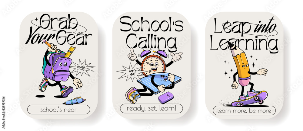 Back to school vector posters set with walking funny cute comic ...