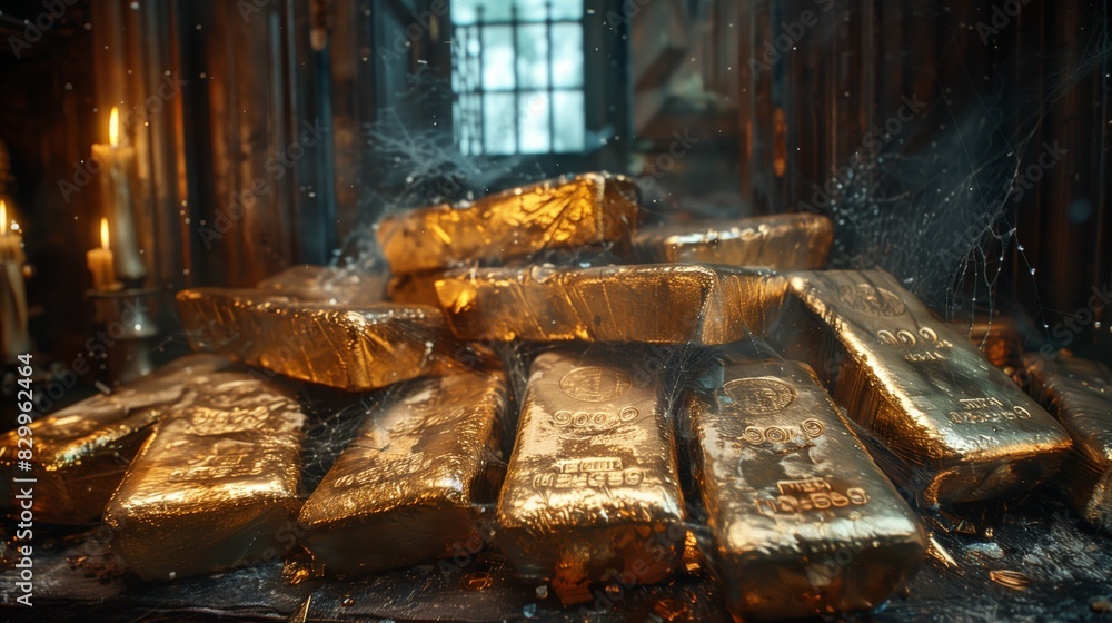 Forgotten treasure: dusty gold bars in an old vault. A close-up view of ...