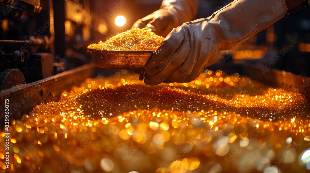 Gold mining, close-up view of gloved hands holding a sieve filled with ...